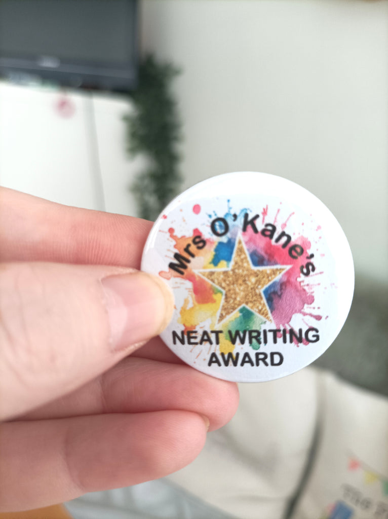 Personalised Teacher Neat Writing Award - Button Badge 38mm – Fred And Bo