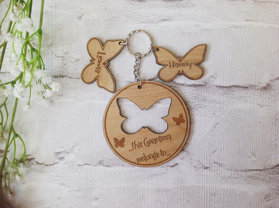 Personalised Butterfly keyring with butterfly charm- Plywood – Fred And Bo